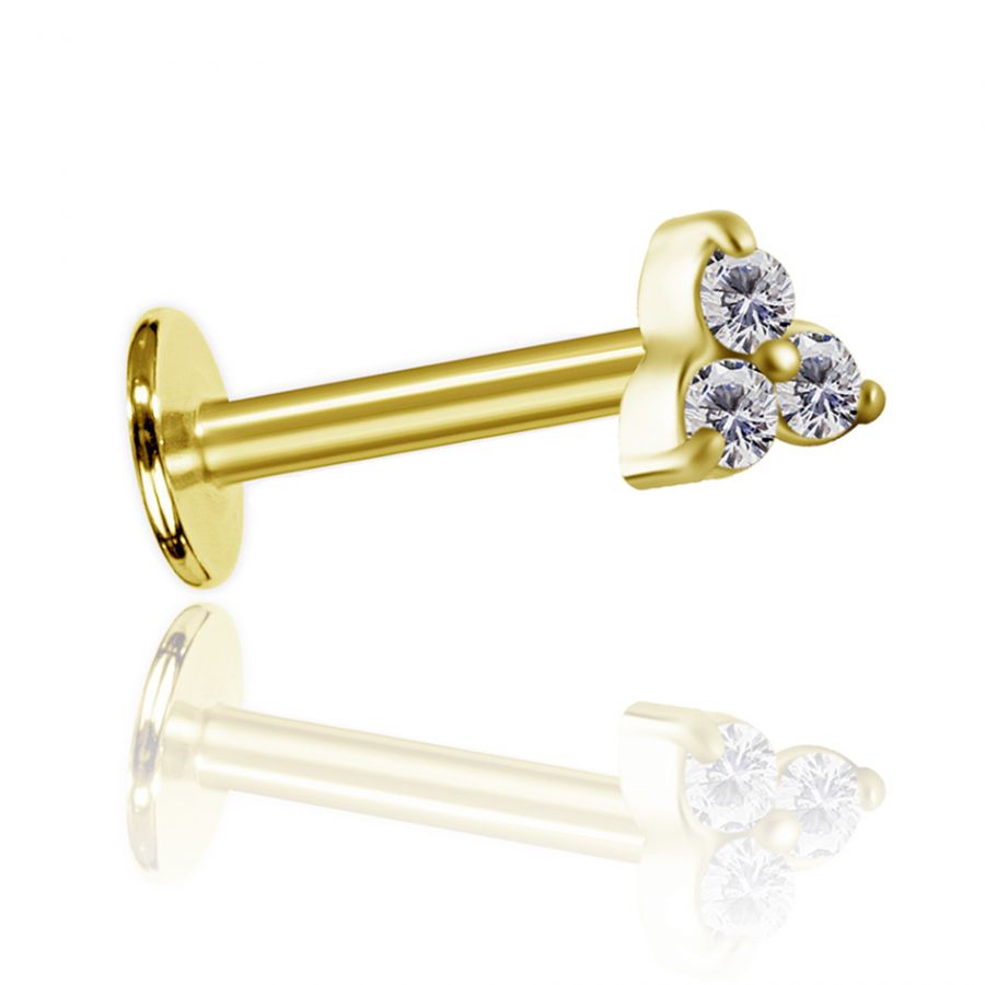 Piercing labret doré avec trois cristaux